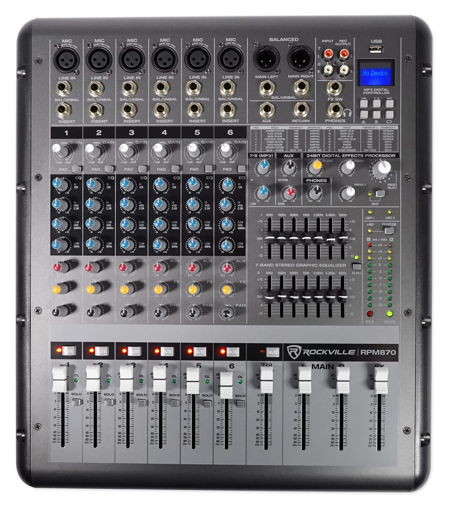 Rockville RPM870 8 Channel 6000w Powered Mixer w/USB, Effects, 8 XDR2 Mic Pres