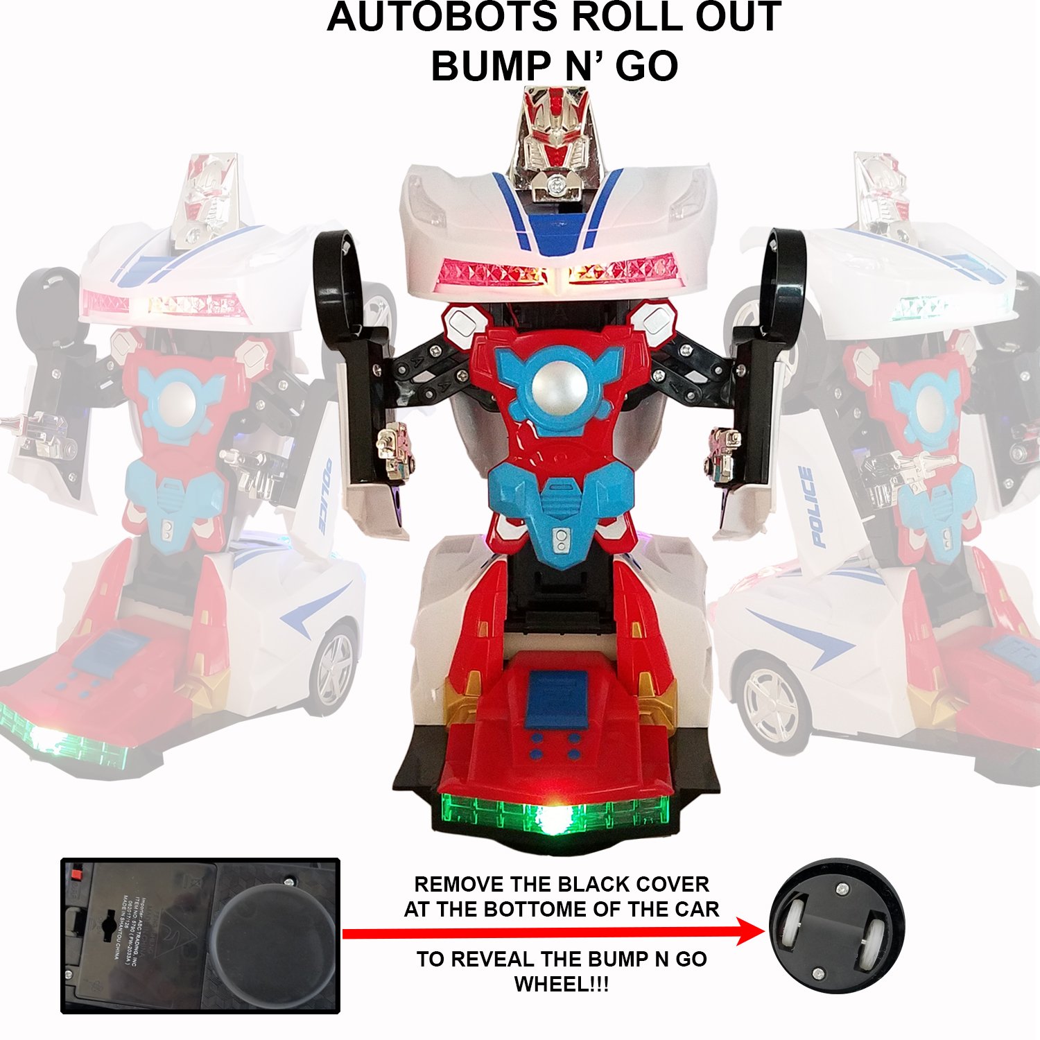 Battery Operated Bump and Go Transforming Toys for Kids -Auto Transforming Auto Robots Action Figure and Toy Vehicles - Realistic Engine Sounds & Beautiful Flash Lights (White Police Car)