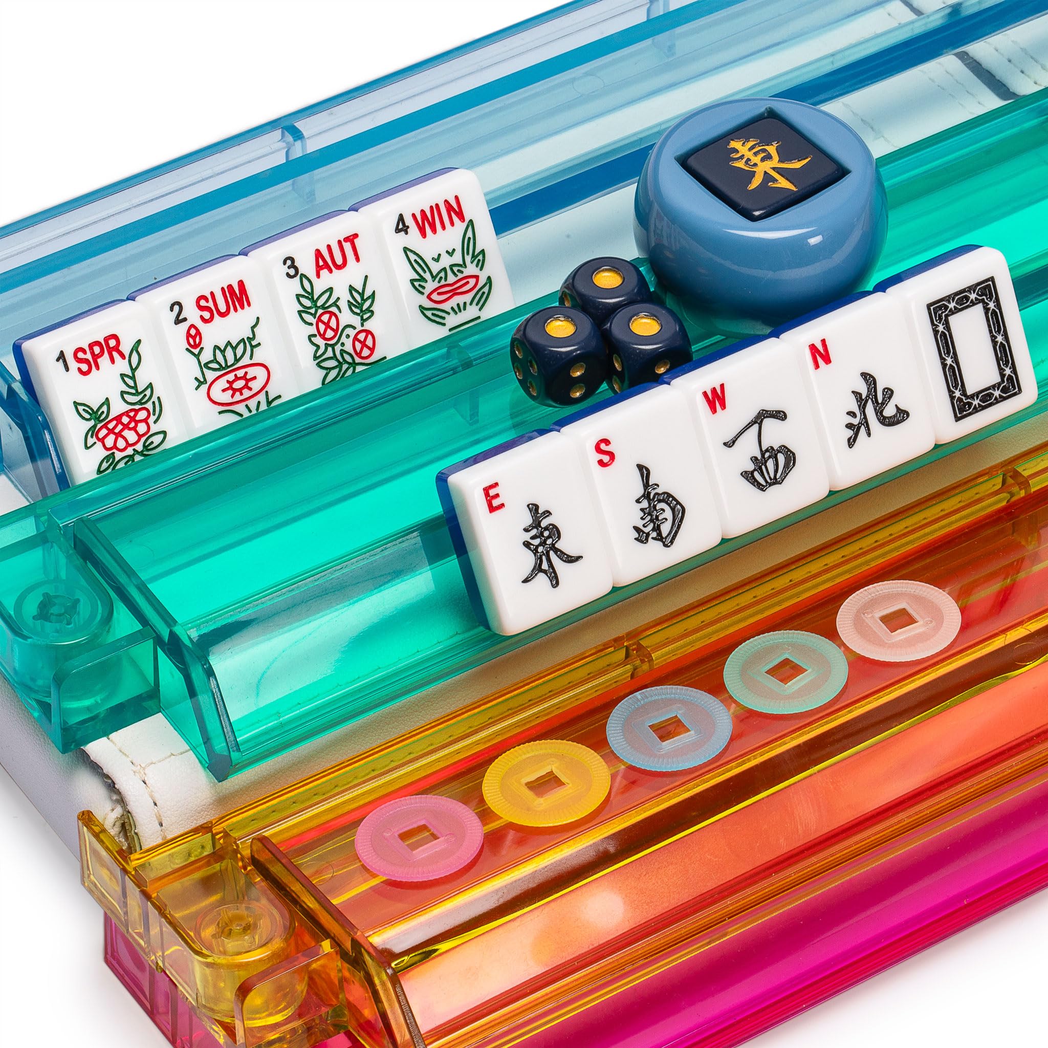 Yellow Mountain Imports American Mahjong Set, Koi Fish with Soft White Leatherette Case, Four Acrylic All-in-One Racks with Pushers, Wind Indicator, Dice, and Wright Patterson Count Scoring Coins