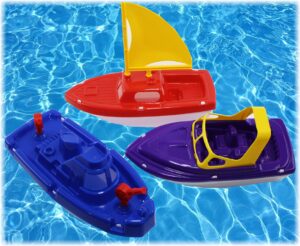 matty's toy stop plastic boats set sailboat (red), speedboat (purple) & fireboat (blue) gift set bundle, perfect bath, pool, beach etc. - 3 pack