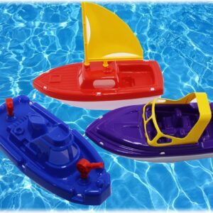 Matty's Toy Stop Plastic Boats Set Sailboat (Red), Speedboat (Purple) & Fireboat (Blue) Gift Set Bundle, Perfect Bath, Pool, Beach Etc. - 3 Pack