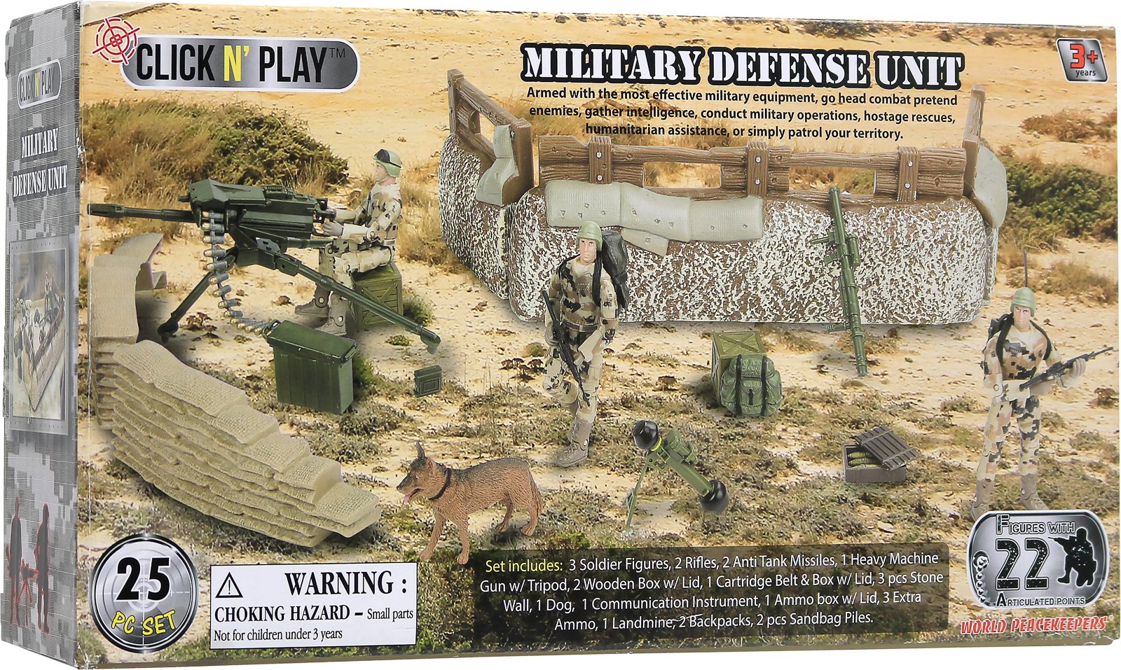 Click N' Play Military Toy Play Set | Trench Defense Unit Action Figures | 25 Pieces Army Men Toys for Boys | Military Toys for 3 Year Old Boys and Older