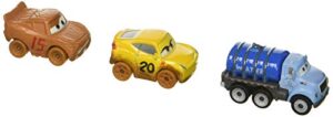 disney car toys mini racers vehicles, 3 pack - muddy cruz, muddy lightning mcqueen, mr drippy exclusive