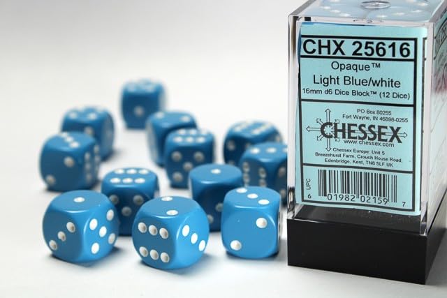 Chessex DND Dice Set-Chessex D&D Dice-16mm Opaque Light Blue and White Plastic Polyhedral Dice Set-Dungeons and Dragons Dice ludes 12 Dice – D6, Various (CHX25616)