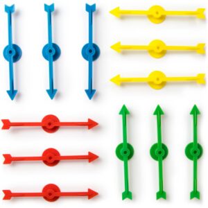 12-pack of arrow game spinners in 4 rainbow colors, 3 arrows per color – assorted set of 4-inch plastic spinner game pieces for diy board games, replacement pieces, projects & classroom activities