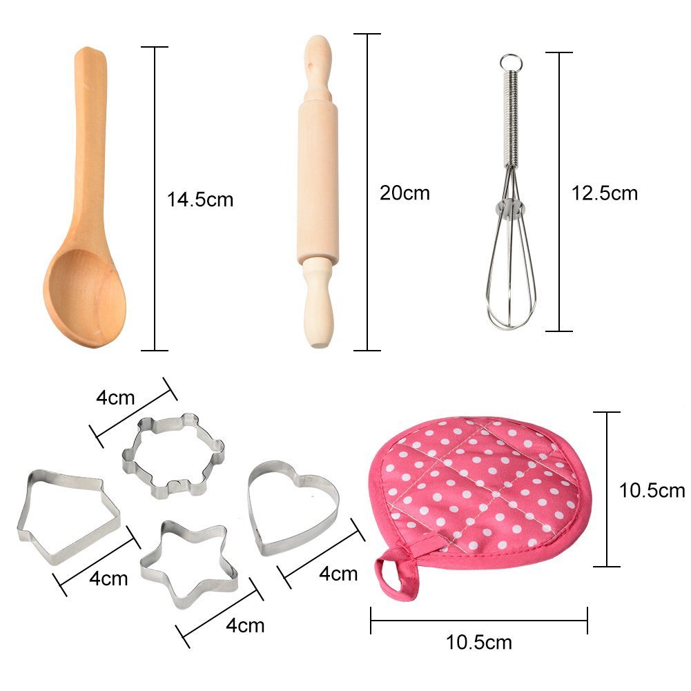 Funslane 11 Pcs Kids Cooking and Baking Set with Apron for Girls, Chef Hat, Oven Mitt, and Other Cooking Utensils for Toddler Chef Career Role Play, Children Dress up Pretend Play, Great-Gift