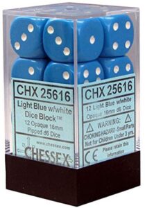 chessex dnd dice set-chessex d&d dice-16mm opaque light blue and white plastic polyhedral dice set-dungeons and dragons dice ludes 12 dice – d6, various (chx25616)