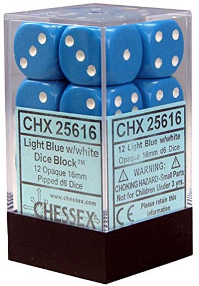 Chessex DND Dice Set-Chessex D&D Dice-16mm Opaque Light Blue and White Plastic Polyhedral Dice Set-Dungeons and Dragons Dice ludes 12 Dice – D6, Various (CHX25616)