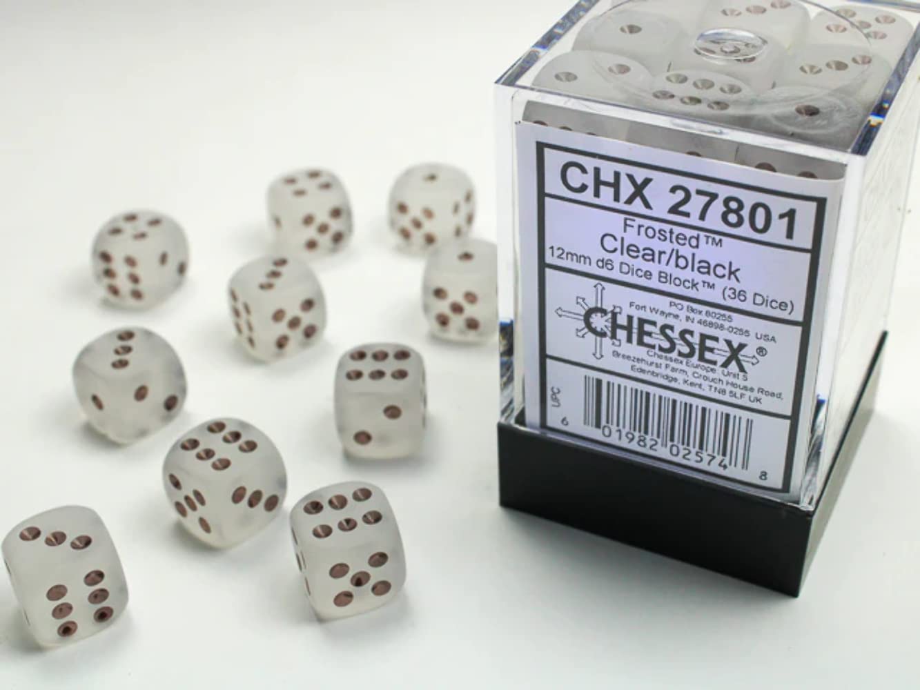 DND Dice Set-Chessex D&D Dice-12mm Frosted Clear and Black Plastic Polyhedral Dice Set-Dungeons and Dragons Dice Includes 36 Dice – D6