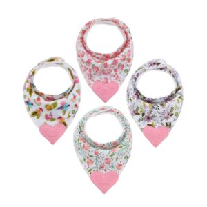 pickle & olive baby bandana teething bibs with attached teether- set of 4 - floral