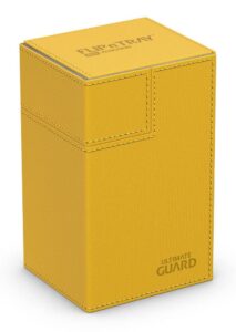 ultimate guard flip 'n' tray 80+, deck case for 80 double-sleeved tcg cards +dice tray, yellow, independent magnetic closure & microfiber inner lining