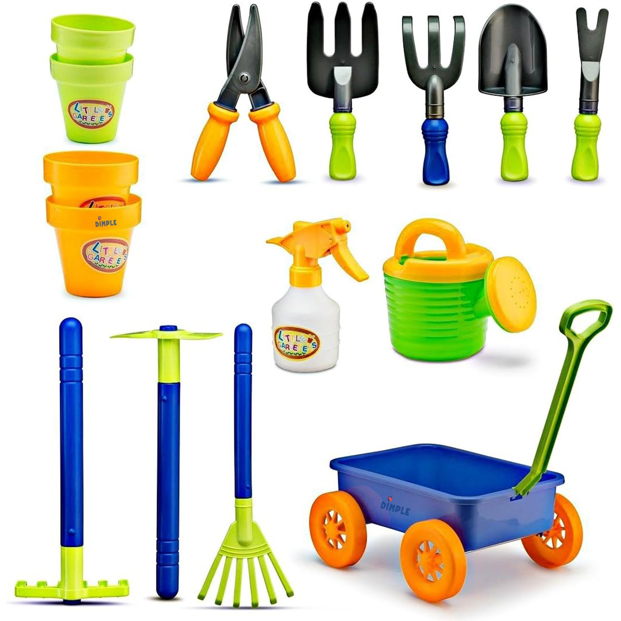 Dimple Garden Wagon & Tools Toy Set Premium 15 Pcs Kids Gardening Tools & Wagon Toy Set - Sturdy & Durable - Top Yd, Beach, Sand, Garden Toy - Great for Kids & Toddlers (Garden Toy Set) Green (Single)