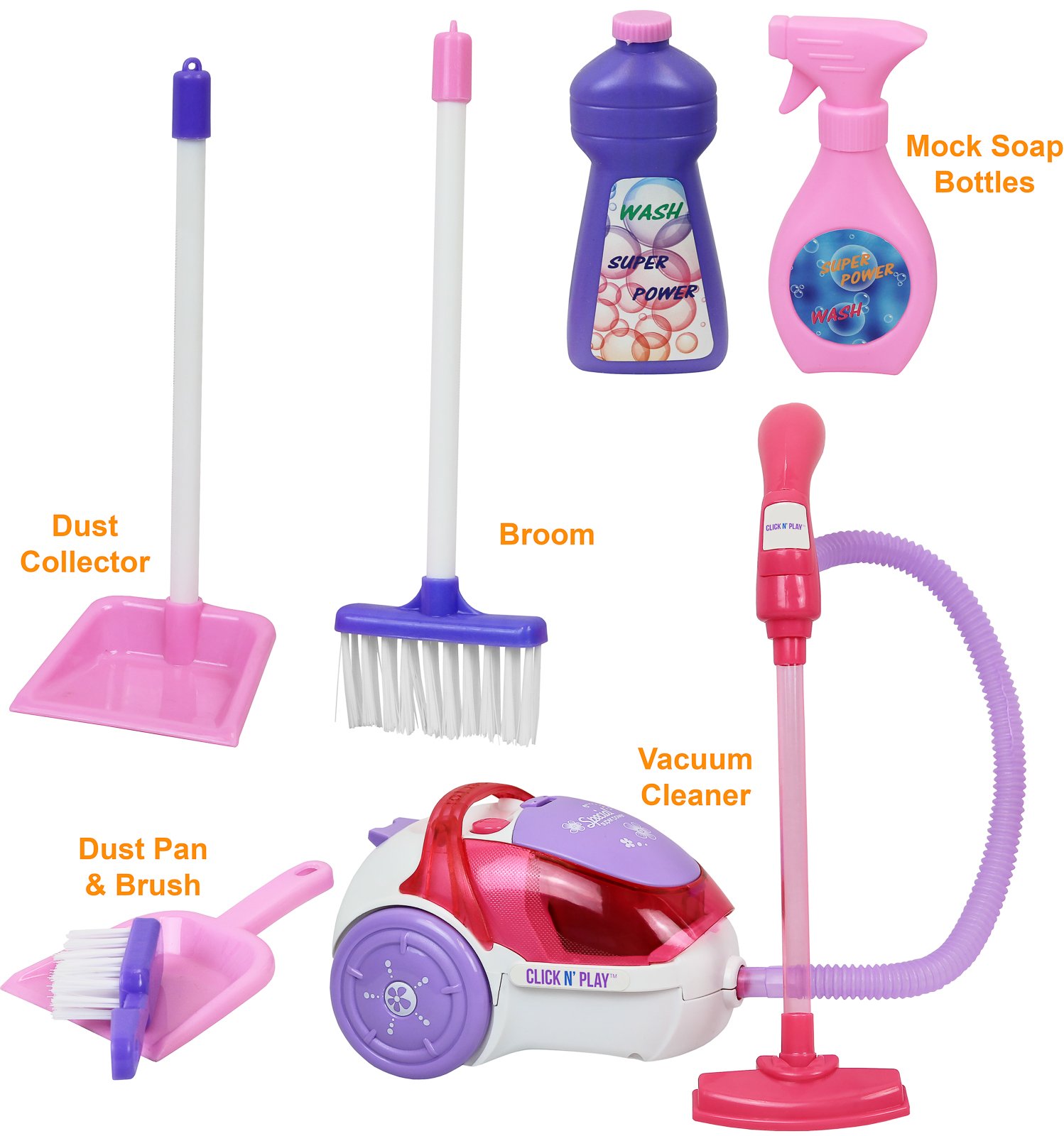 Click N' Play 18" Doll House Keeping & Kids Vacuum Cleaner Play Set, 8pcs | Kid/Toddler Cleaning Tool, Pretend Play Kitchen Accessories, Dust Pan, Baby Toys | Girls/Boys/Toddlers Toy Gifts/Supplies