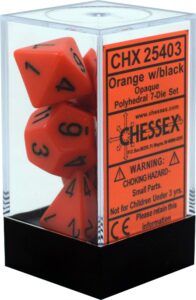 dnd dice set-chessex d&d dice-16mm opaque orange and black plastic polyhedral dice set-dungeons and dragons dice includes 7 dice - d4 d6 d8 d10 d12 d20 d% (chx25403)