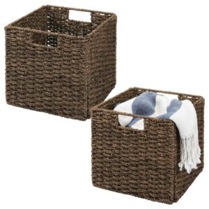 mdesign natural woven seagrass closet storage organizer basket bin - collapsible - for cube furniture shelving in closet, bedroom, bathroom, entryway, office - 10.5" high, 2 pack - chestnut brown