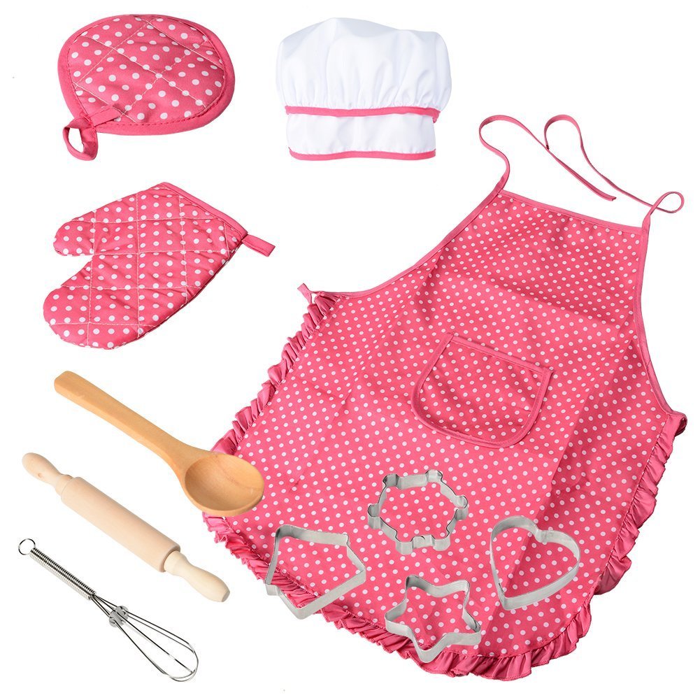 Funslane 11 Pcs Kids Cooking and Baking Set with Apron for Girls, Chef Hat, Oven Mitt, and Other Cooking Utensils for Toddler Chef Career Role Play, Children Dress up Pretend Play, Great-Gift