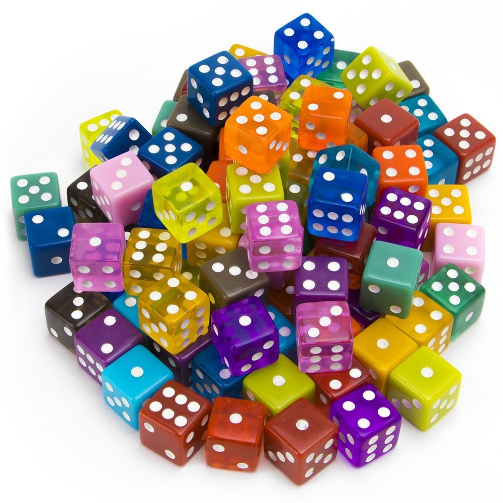 100-Pack of Bulk Six Sided Dice - Standard 16mm Size - Great for Board Games, Casino Games & Tabletop RPGs - Rainbow