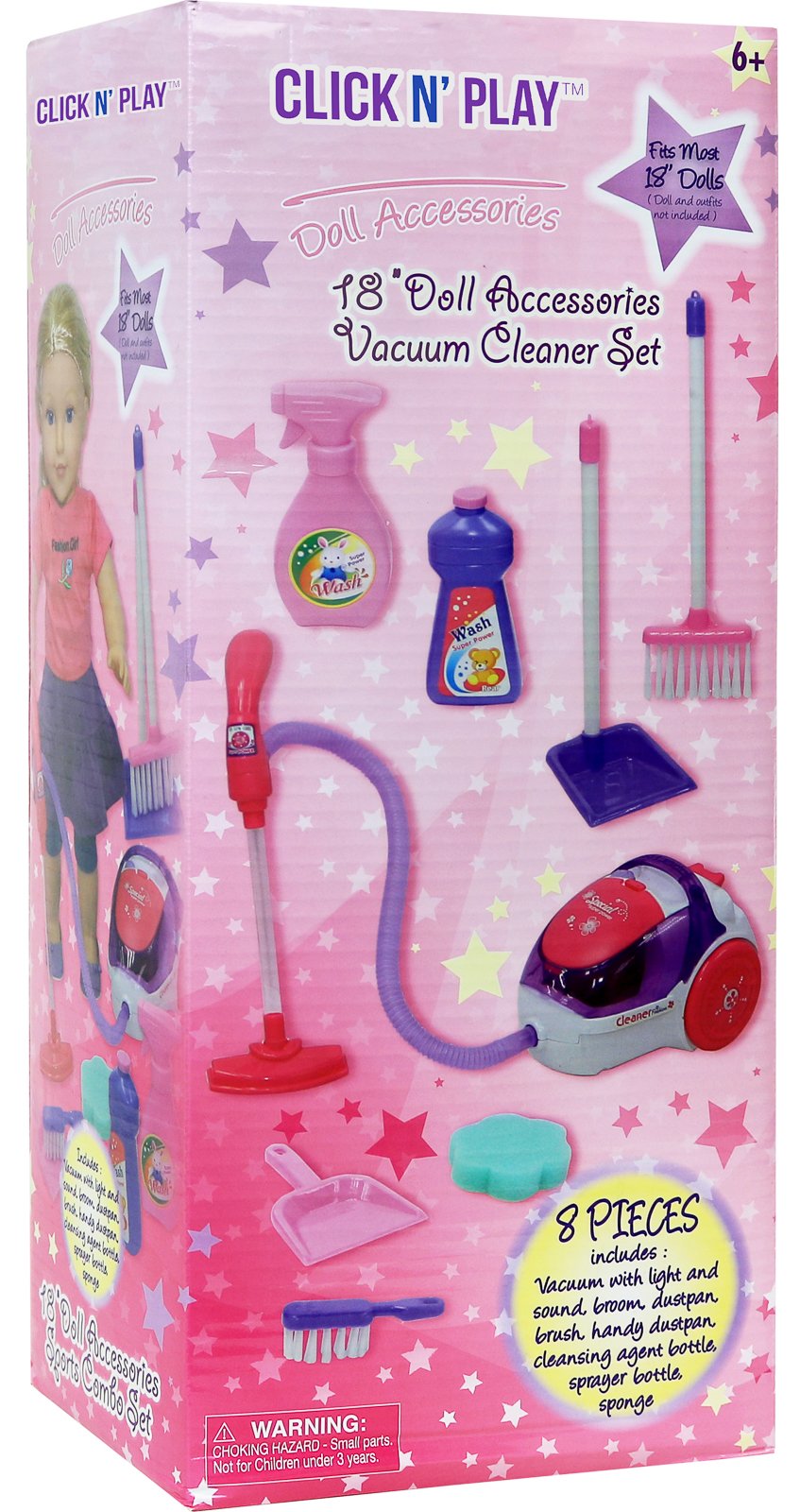 Click N' Play 18" Doll House Keeping & Kids Vacuum Cleaner Play Set, 8pcs | Kid/Toddler Cleaning Tool, Pretend Play Kitchen Accessories, Dust Pan, Baby Toys | Girls/Boys/Toddlers Toy Gifts/Supplies