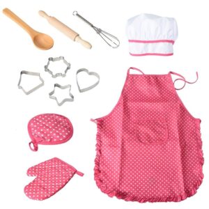 funslane 11 pcs kids cooking and baking set with apron for girls, chef hat, oven mitt, and other cooking utensils for toddler chef career role play, children dress up pretend play, great-gift