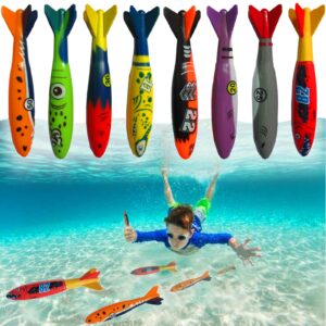 haktoys underwater diving torpedo bandits, swimming pool toy 5” sharks glides up to 20 feet fun water games for boys and girls (set of 8 pieces)