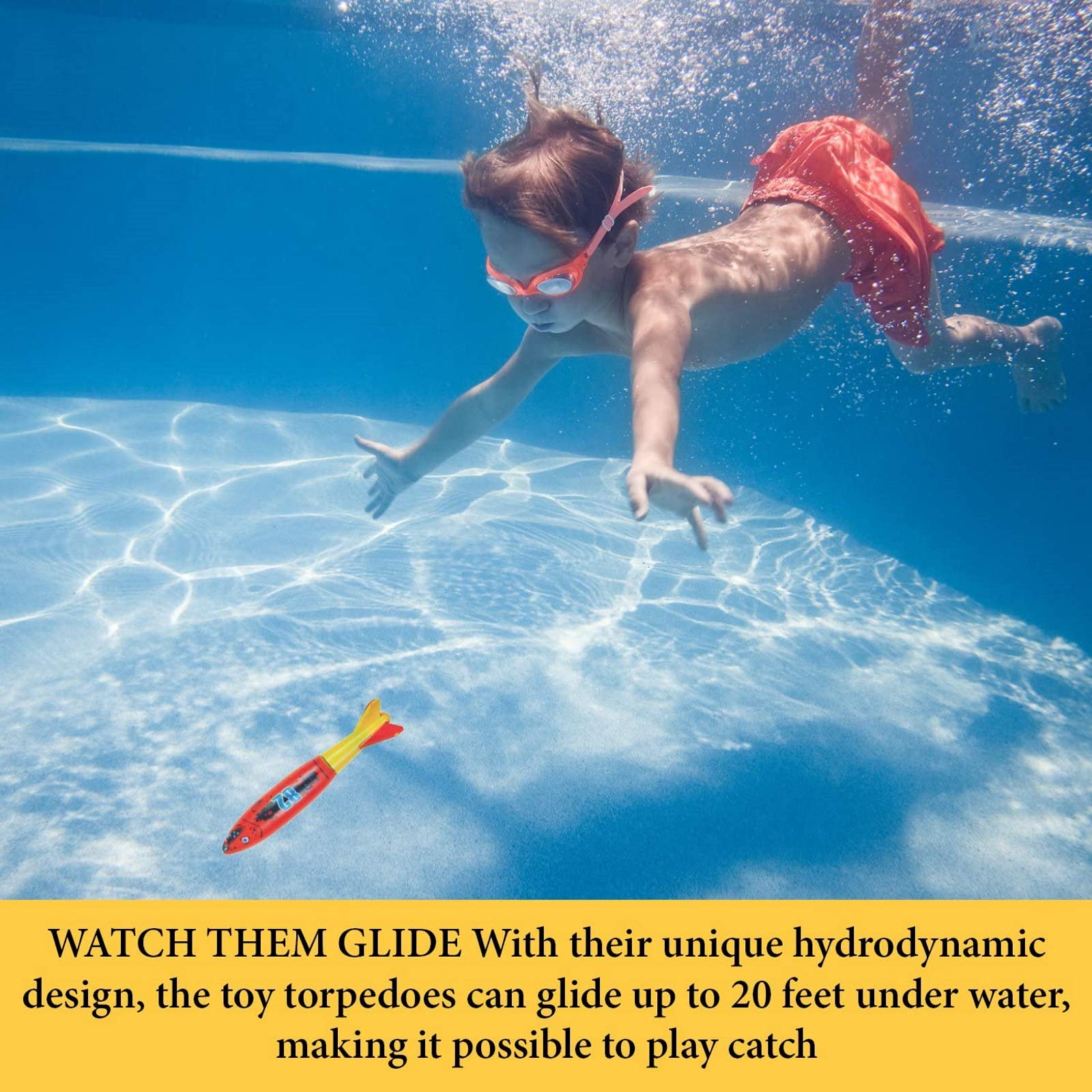 Haktoys Underwater Diving Torpedo Bandits, Swimming Pool Toy 5” Sharks Glides Up to 20 Feet Fun Water Games for Boys and Girls (Set of 8 Pieces)