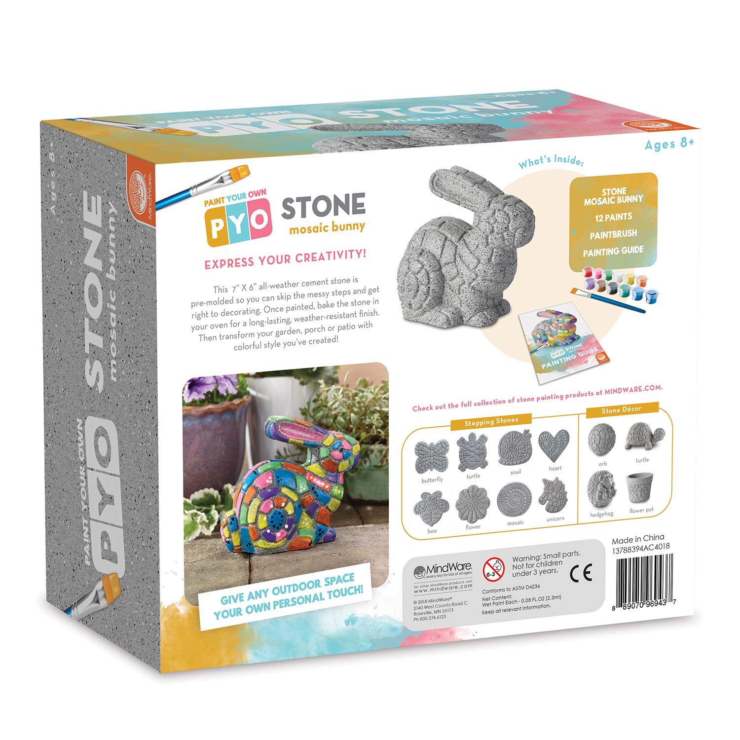 MindWare Paint Your Own Stone Bunny Rabbit - Mosaic Stepping Stone Craft Kit for Kids Includes Paint and Brush, Made of Weather Resistant Cement