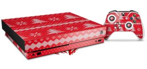 wraptorskinz decal vinyl skin wrap compatible with xbox one x console and controller - ugly holiday christmas sweater - christmas trees red 01