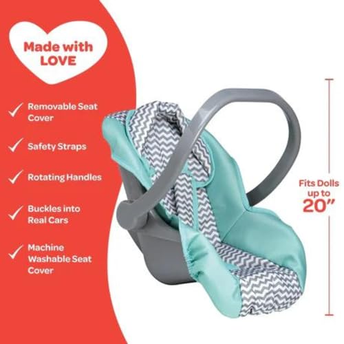 Adora Baby Doll Car Seat Carrier with Removable Seat Cover - Machine Washable, Fits Most Dolls & Plush Animals Up To 20”, Birthday Gift For Children Ages 2+ - Zig Zag Green Mint (Grey Handle)