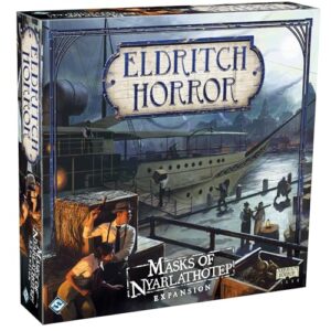 eldritch horror masks of nyarlathotep board game expansion | mystery game | cooperative board game for family | ages 14+ | 1-8 players | avg. playtime 3 hours | made by fantasy flight games