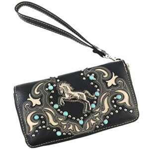 Justin West Horse Embroidery Studded Turquoise Stone Concealed Carry Handbag Purse Matching Wallet (Black Beige Handbag and Wallet Set)