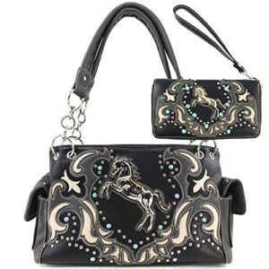 justin west horse embroidery studded turquoise stone concealed carry handbag purse matching wallet (black beige handbag and wallet set)