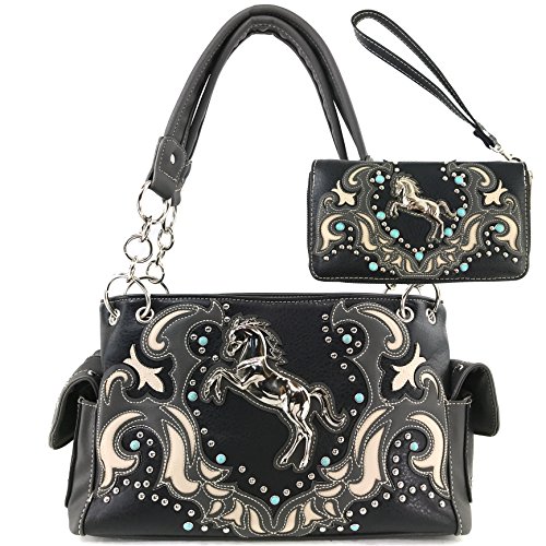 Justin West Horse Embroidery Studded Turquoise Stone Concealed Carry Handbag Purse Matching Wallet (Black Beige Handbag and Wallet Set)