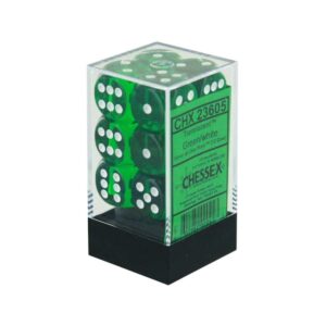 dnd dice set - chessex d&d dice - 16mm translucent green & white plastic polyhedral dice set-dungeons and dragons dice includes 12 dice – d6 (chx23605)