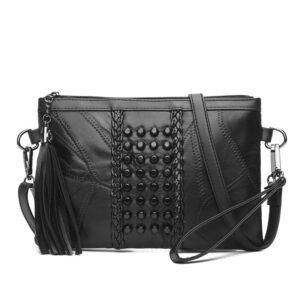 karresly women's rivets studded shoulder bag black tassel clutch bag cross body bags(black-3)