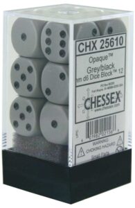 chessex dnd dice set d&d dice-16mm opaque dark grey and black plastic polyhedral dice set-dungeons and dragons dice includes 12 dice – d6, various (chx25610), standard (15mm - 17mm)