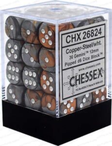 chessex dnd dice set d&d dice-12mm gemini copper, steel, and white plastic polyhedral dice set-dungeons and dragons dice includes 36 dice – d6 (chx26824)