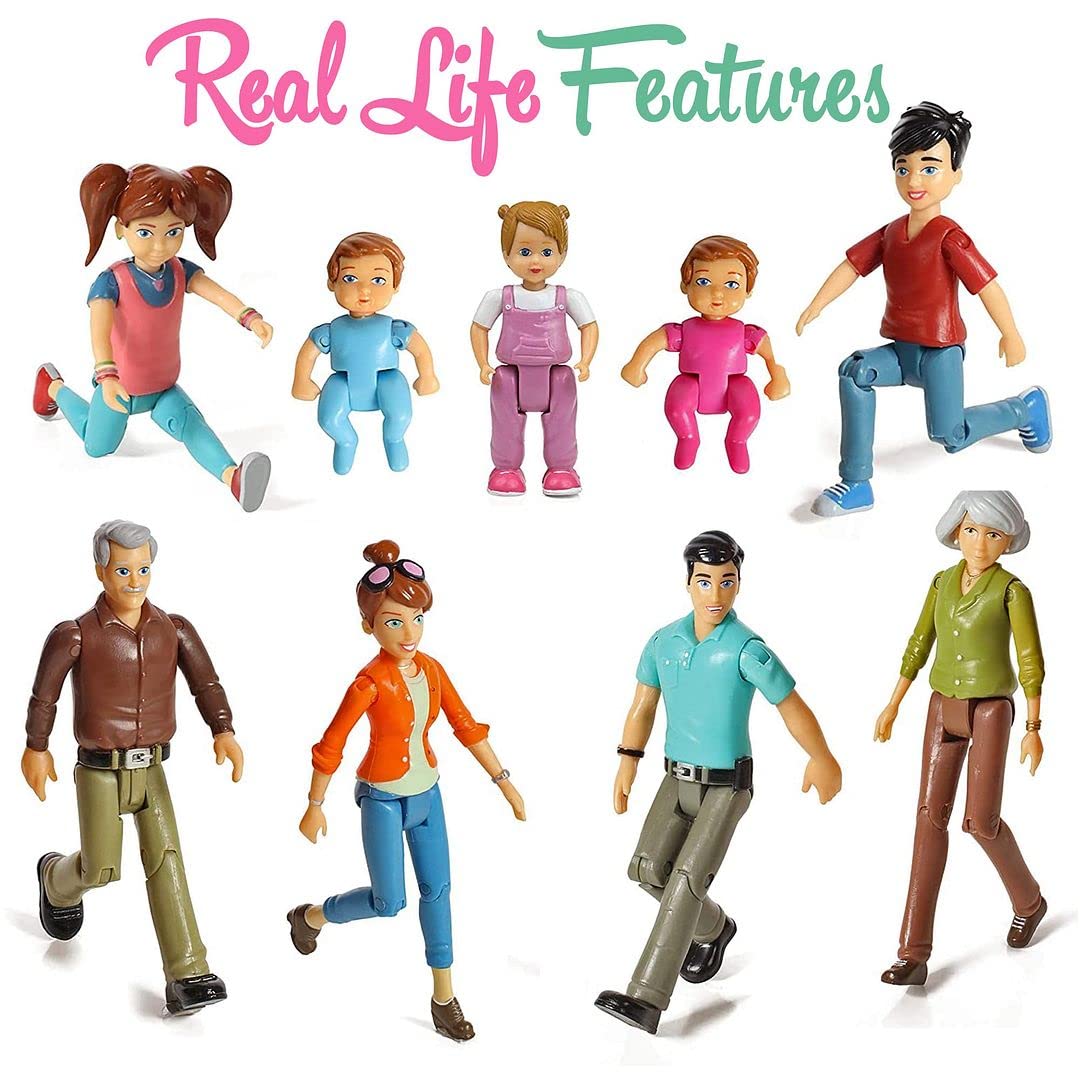 Sweet Li'l Family Dollhouse People Set of 9 Action Figure Set - Grandpa, Grandma, Mom, Dad, Sister, Brother, Toddler, Twin Boy & Girl