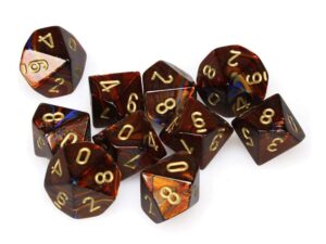 chessex scarab blue blood/gold d10 dice set (10)