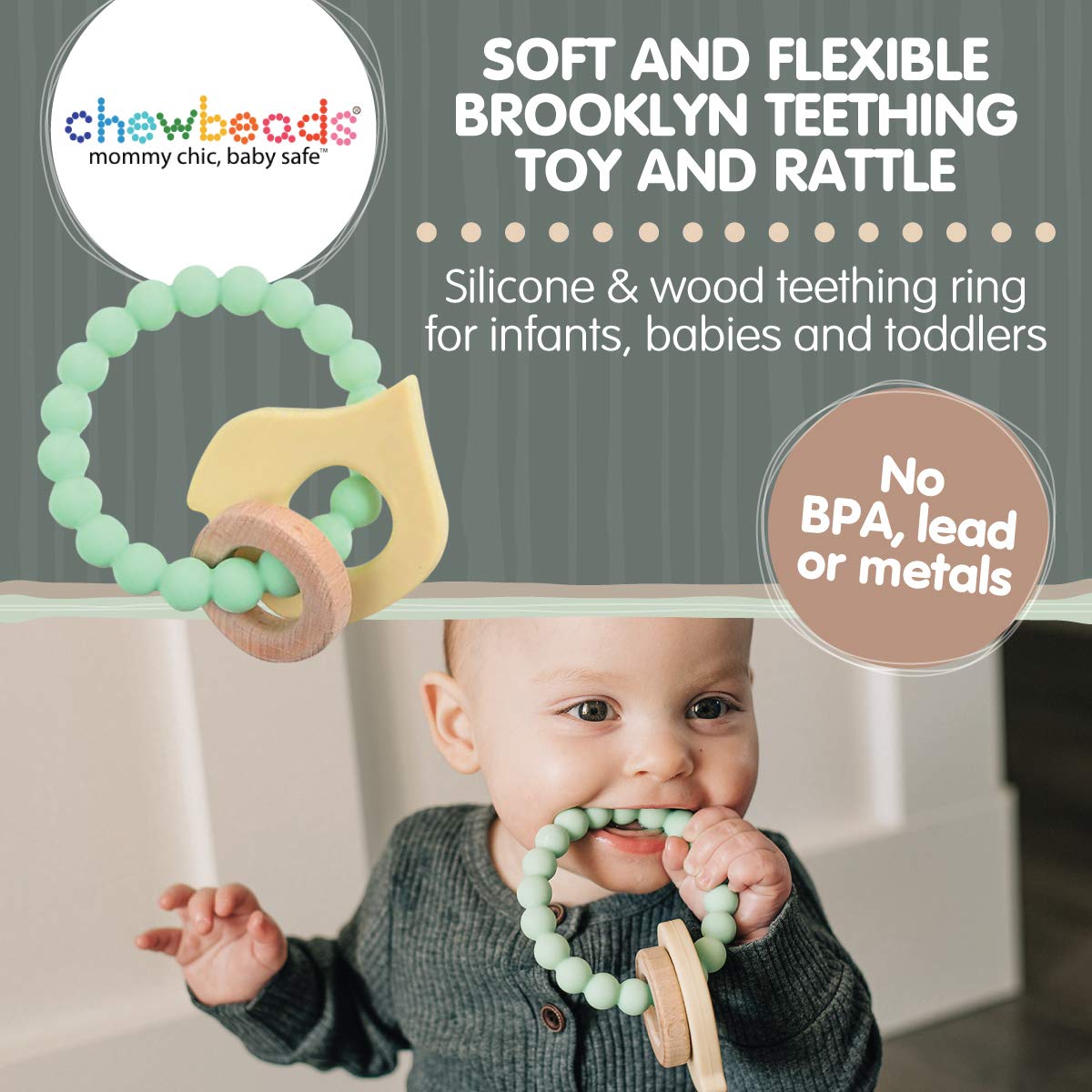 Chewbeads - Brooklyn Teething Toy - Silicone Teething Ring & Wood Teether for Infants, Babies & Toddlers - Baby Teether & Modern Baby Rattle - Medical Grade Silicone Baby Toy 3-6 Months - Grey