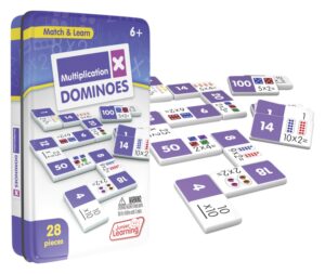 junior learning multiplication dominoes game set, 28 pieces, ages 7-9, math skills, grade 2-3