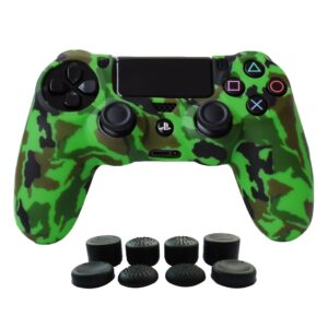 hikfly silicone gel controller cover skin protector compatible for ps4/ps4 slim/ps4 pro controller (1 x controller cover with 8 x fps pro thumb grip caps)(green)