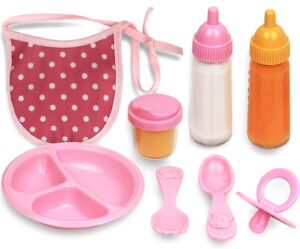 click n' play 8-pc baby doll feeding set w/accessories | baby doll accessories set, dolls set/stuff, toy bottles, disappearing milk, food set, bottle toys, pretend play supplies | toddler, girls