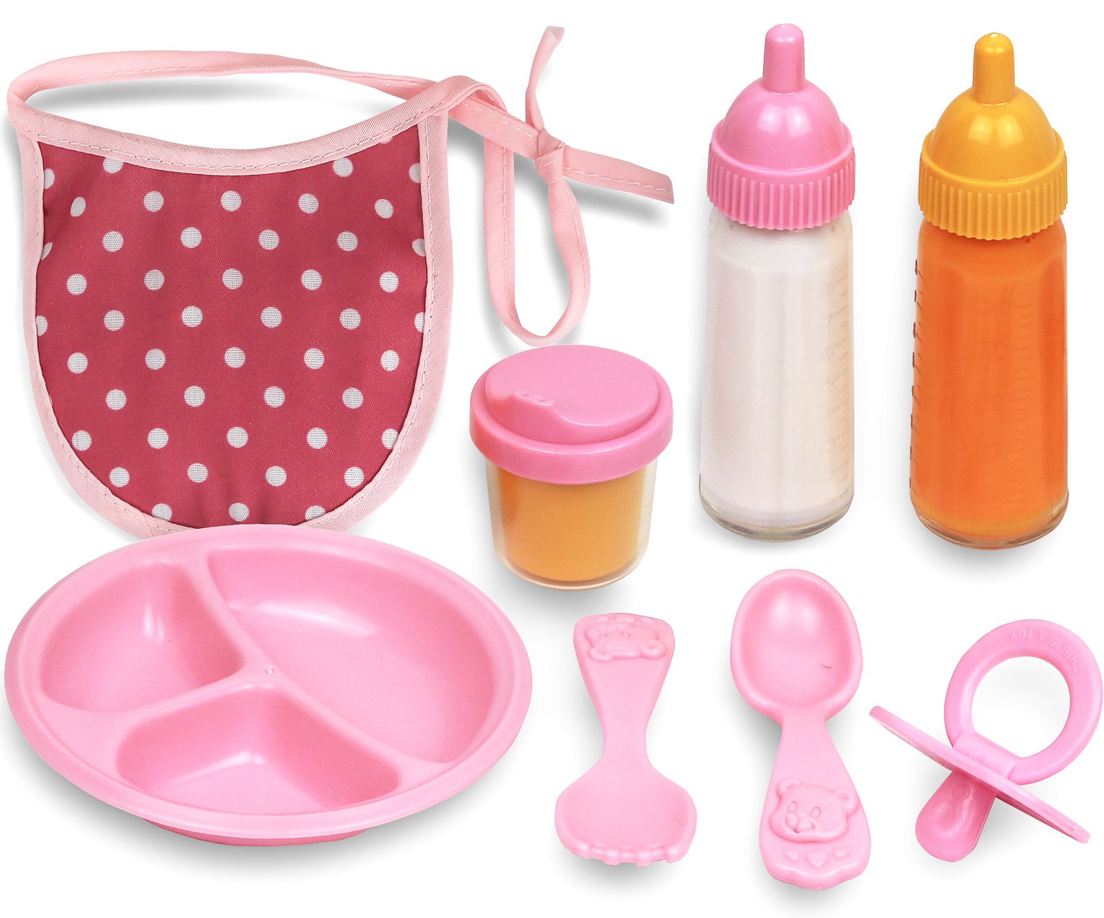 Click N' Play 8-pc Baby Doll Feeding Set w/Accessories | Baby Doll Accessories Set, Dolls Set/Stuff, Toy Bottles, Disappearing Milk, Food Set, Bottle Toys, Pretend Play Supplies | Toddler, Girls