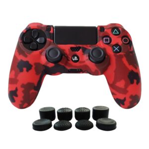 hikfly silicone gel controller cover skin protector compatible for playstation 4 ps4/ps4 slim/ps4 pro controller (1 x controller cover with 8 x fps pro thumb grip caps)(red)