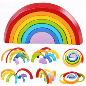 lewo wooden rainbow stacking game learning toy geometry building blocks educational toys for kids baby toddlers (rainbow)