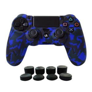 hikfly silicone gel controller cover skin protector compatible for playstation 4 ps4/ps4 slim/ps4 pro controller (1 x controller cover with 8 x fps pro thumb grip caps)(blue)