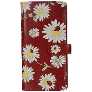 shag wear women's premium vegan clutch cardholder zipper wallet purse with pretty daisies and ladybugs, red