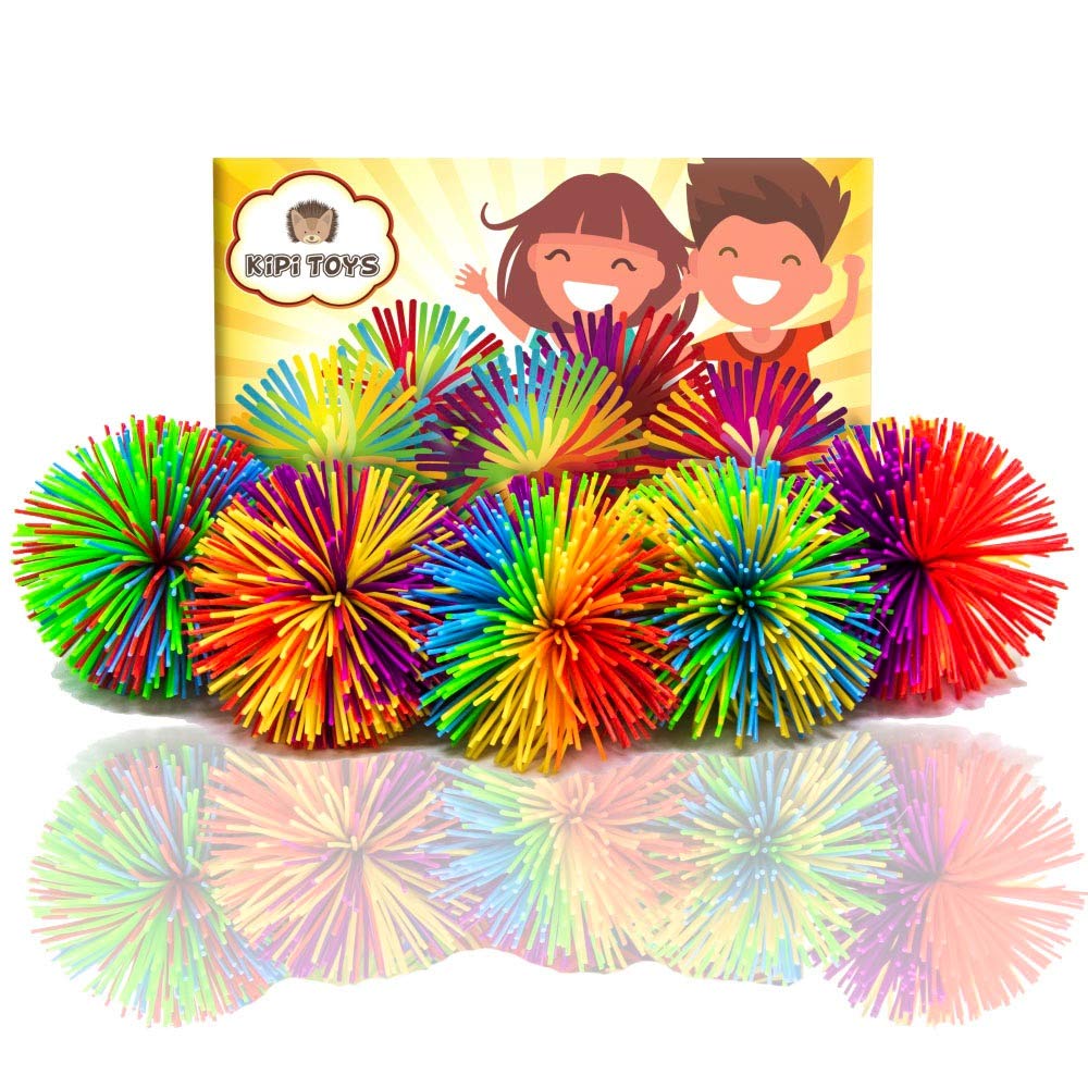 Fun Toy Stringy Balls Game Set of 5 Bundle Gift Box Bulk Relief Relax Fidget Play Squeeze Sensory Rainbow Splat Ball Monkey Toy Pom Pom Stress Ball Games for Kids Children Adults Office and Home