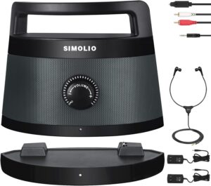 simolio wireless portable tv speakers with tv audio listening assistance, voice highlighting tv speakers for hard of hearing, seniors and elderly, 100ft range, extra headset & 2 adapters -sm-621d