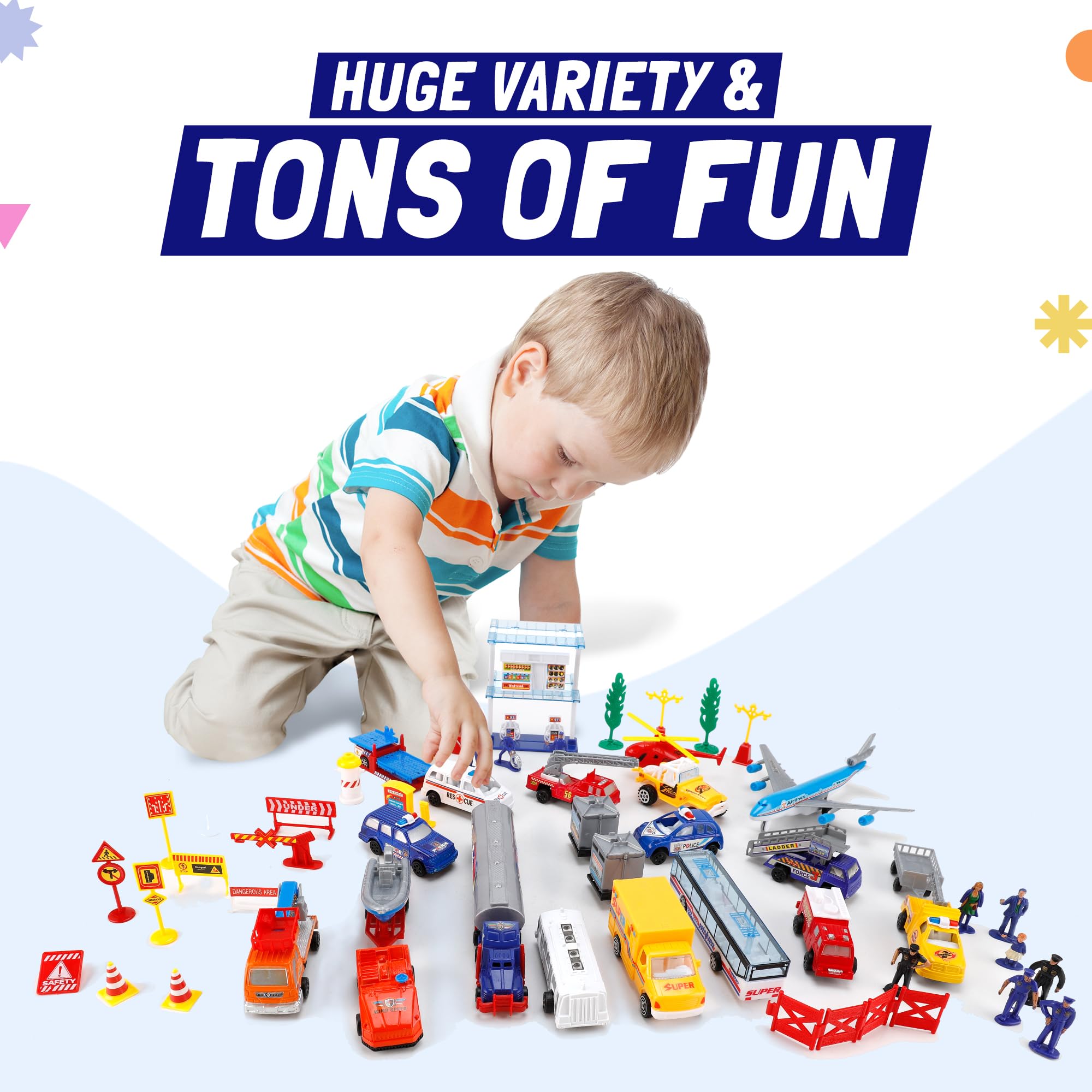 57 PCS Commercial Airport Playset with Airplane Toys, Play Vehicles, Fire Trucks, Police Cars & Figures, and Accessories in Storage Bucket for Kids Imaginative Play